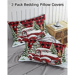 Edwiinsa Snowy Red Truck Pillow Covers Standard Size Set of 2 Bed Pillow, Plush Soft Comfort for Hair/Skin Cooling Pillowcases with Envelop Closure 20x26 Inches Christmas Tree Deer Buffalo Plaid