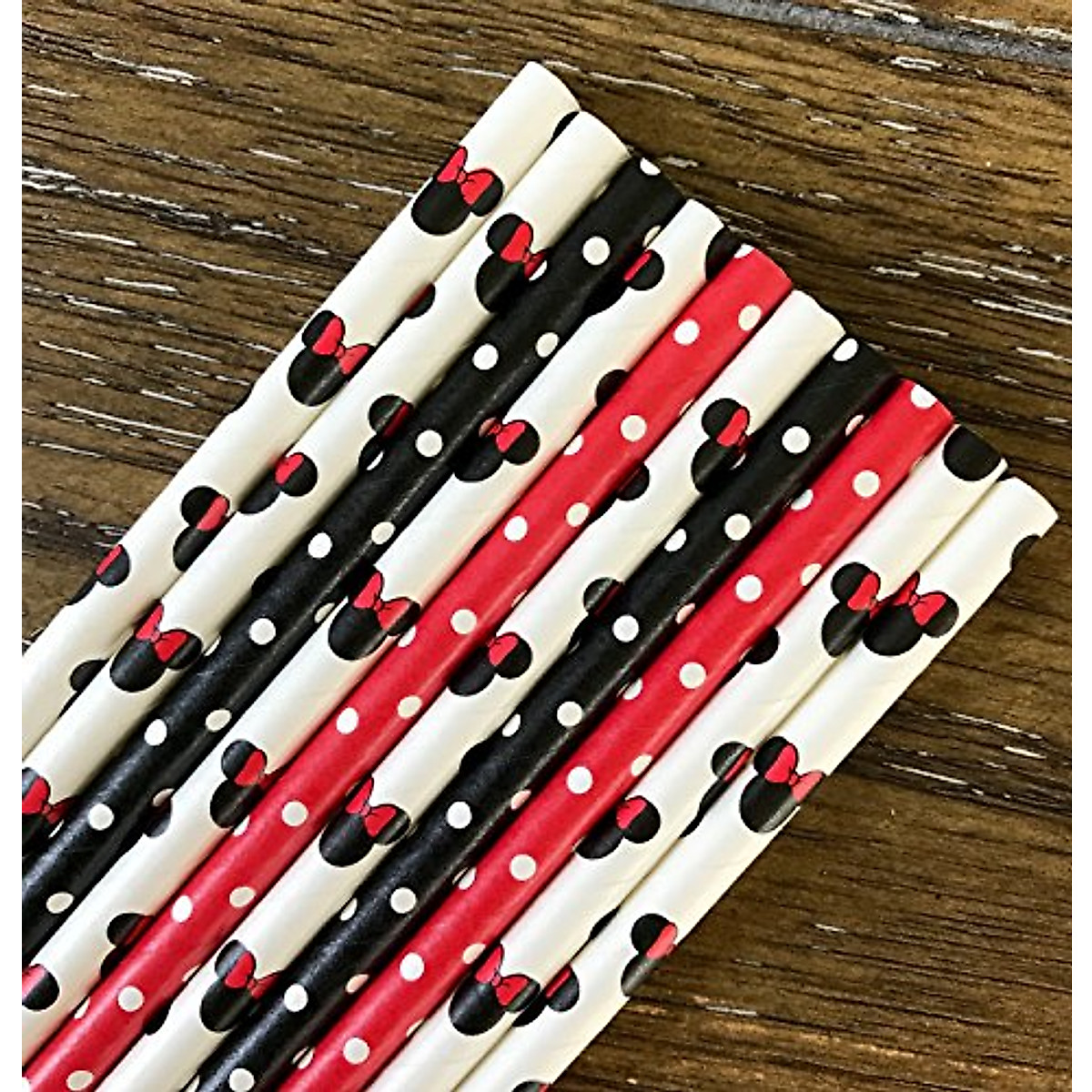 Minnie Mouse Inspired Mouse Ears and Polka Dot Paper Straws - Red White Black - 7.75 Inches - 100 Pack - Outside the Box Papers Brand