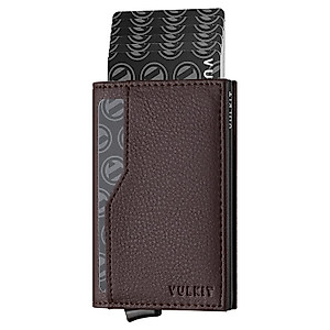 VULKIT Card Holder Wallet for Mens with ID Windows RFID Blocking Pop Up Wallet Slim Leather Wallet Holds Up to 12 Cards Men's Card Case, Dark Brown