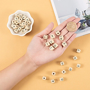 PH PandaHall 1060pcs 10mm Alphabet Wooden Beads Random Natural Square Wooden Beads 3~4mm Hole Wooden Loose Beads with Initial Letter Cube Beads Letter Beads for Jewelry Making and DIY Projects