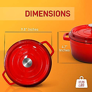 NutriChef Enameled Cast Iron Dutch Oven-5-Quart Kitchen Round Dutch Oven Stovetop Casserole Cookware, Porcelain Enamel Coated Cast-Iron Baking Pots w/ Self Basting Lid-NCCIEC45(Red),Medium