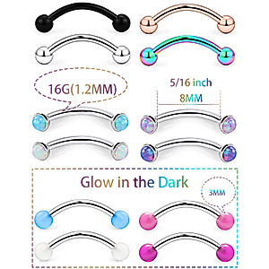 Prjndjw 16G Eyebrow Rings Surgical Steel Eyebrow Piercing Opal Glow in The Dark Cartilage Rook Daith Tragus Earrings Navel Belly Lip Curved Barbell Body Jewelry 5/16in(8mm) 12PCS 3mm