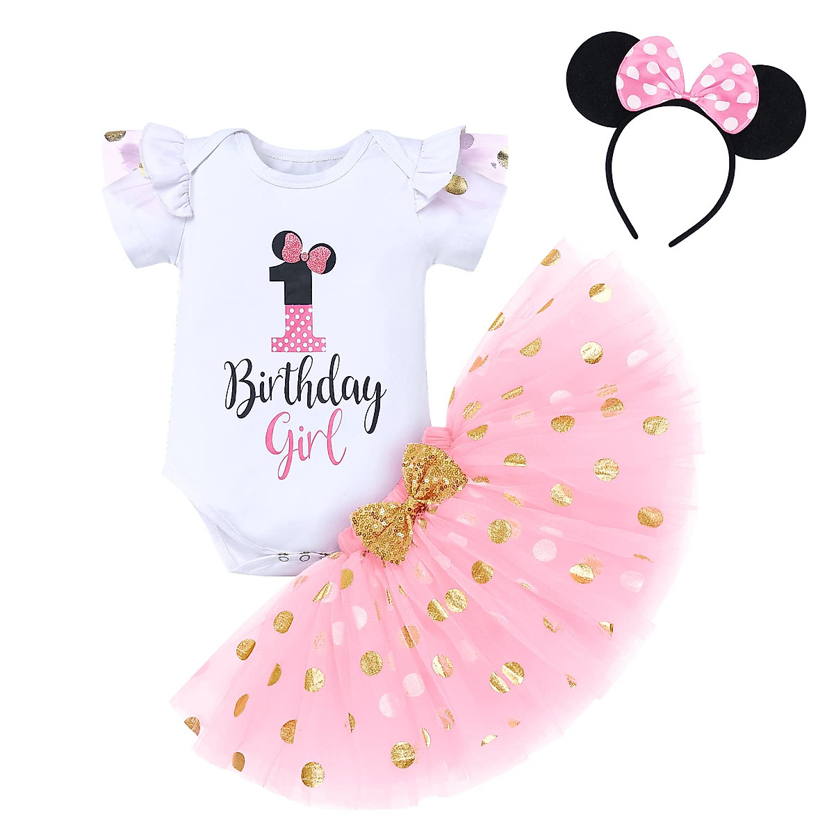 Cake Smash 1st 2nd 3rd Birthday Girl Princess Outfit Polka Dots Dress Ruffle Tulle Tutu Skirt Set Wild ONE Party Dance Fancy Carnival Costume w/Headband Pink-1st 1T