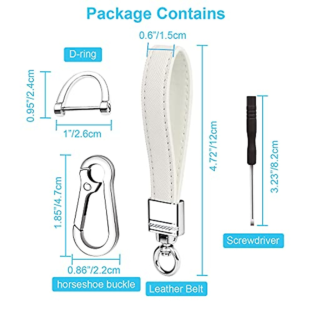 QBUC Genuine Leather Car Keychain,Universal Heavy Duty Metal Key Chain Accessories,Car Fob Key Keychain Holder with 360 Degree Rotatable Snap Swivel and Anti-Lost D-Ring for Men Women（White）