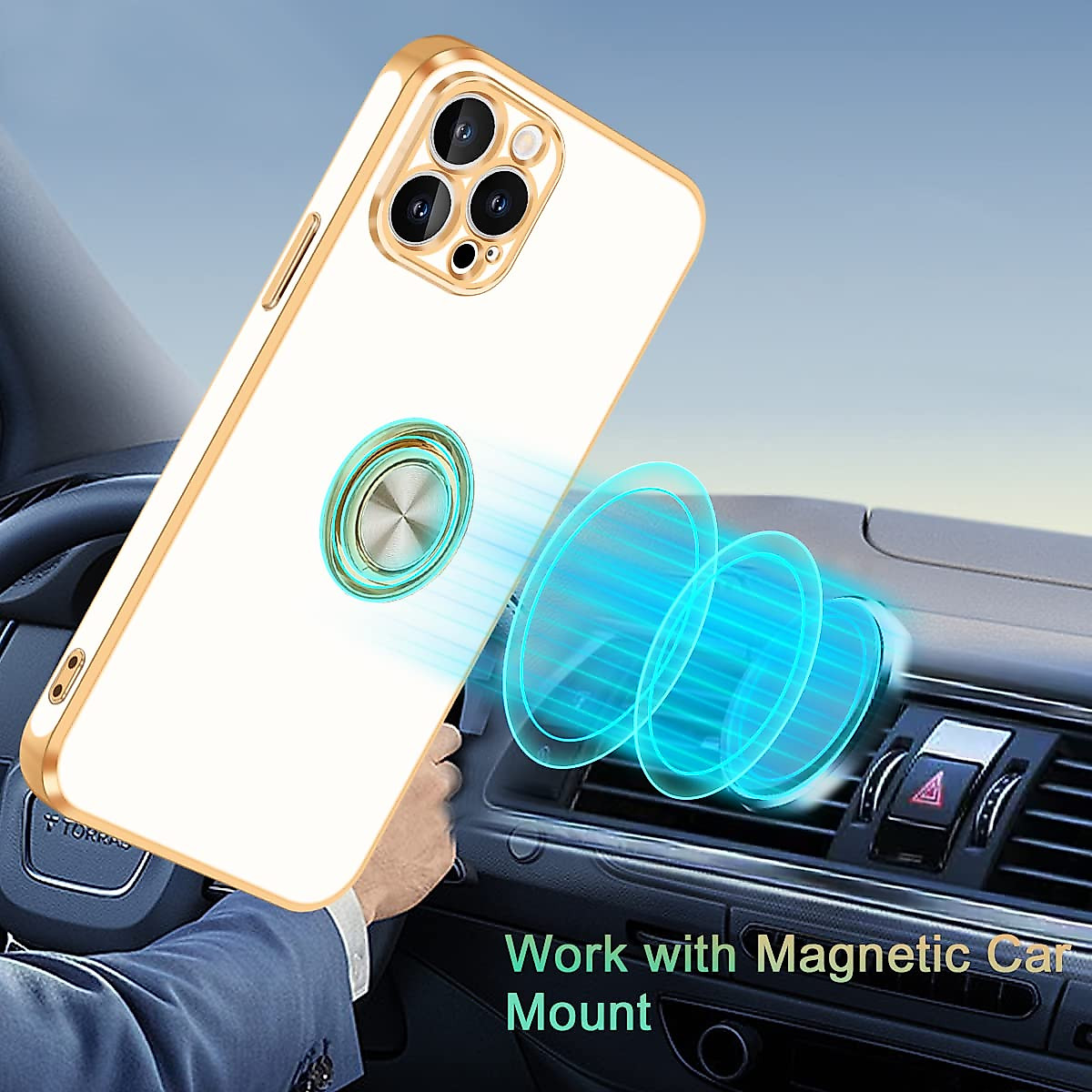 Fingic for iPhone 13 Pro Max Case,for iPhone 13 Pro Max Phone Case with 360°Ring Holder Slim Lightweight Kickstand Magnetic Car Mount for Girls Boys Protective Phone Case for iPhone 13 Pro Max,White