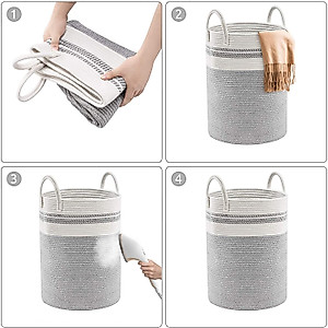 Laundry Basket,Woven Cotton Rope Laundry Hamper,58L Hamper for Kids for Blanket,Toys,Dirty Clothes in Living Room,Bathroom,Bedroom (Grey&White)