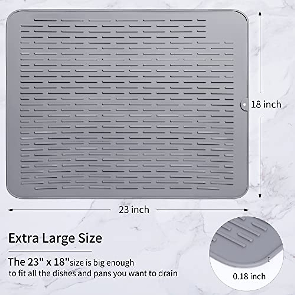 Extra Large Silicone Dish Drying Mat - XL Size 23” x 18” Dish Rack Mat for Kitchen Counter, Heat-resistant Rubber Dish Mat, Non-Slip Silicone Sink Mat, Eco-friendly Counter Top Mat, BPA Free, Grey