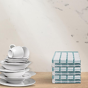 Urban Villa Dish Cloths Terry Cotton Pack of 6, Highly Absorbent Quick Drying Super Soft Premium Dish Towels for Kitchen with Hanging Loop Hand & Tea Towels - 12x12 Inch, (Aqua & White, Checks)