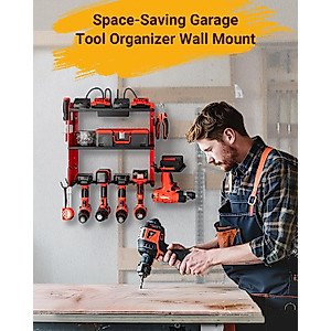 Dunatou Adjustable Power Tool Organizer Wall Mount with Charging Station, 6 Drill Holder & 4 Outlet, Wood Garage Tool Organizer Wall Mount Power Tool Rack with Hooks, Gift for Men