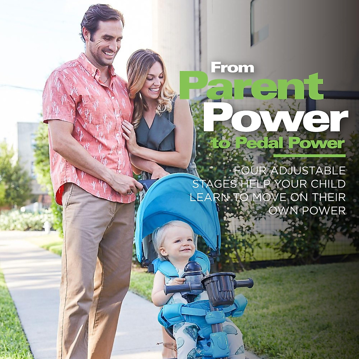 Joovy Tricycoo 4.1 Kids Tricycle with 4-Stages Featuring Extra-Wide Front Tire, Removable and Adjustable Parent Handle, Safety Harness, Machine-Washable Seat Pad, and Retractable Canopy (Blue)