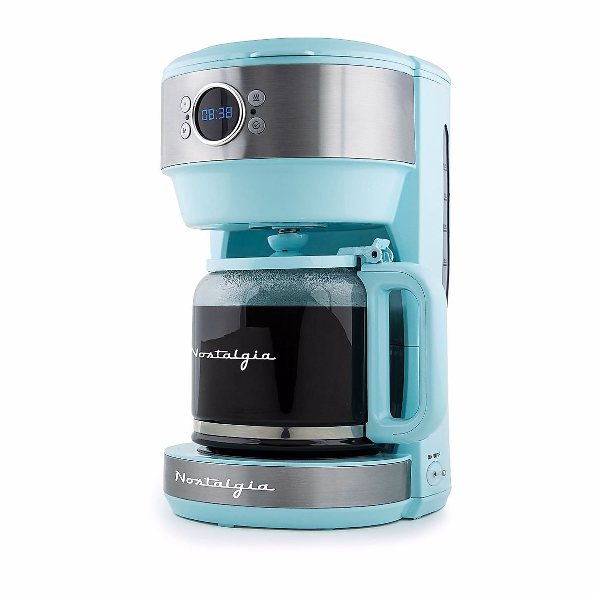 Nostalgia Retro Coffee Maker, 12 Cup, Vintage Coffee Machine with Adjustable Timer, Warm Function, Anti Drip, Glass Carafe Included, Aqua