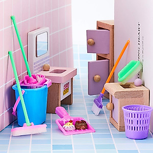 18 Pieces Dollhouse Cleaning Supplies Mini Cleaning Toys Miniature Mop Dustpan Bucket Brush Mini Cleaning Tools Pretend Play Dollhouse Furniture Garden Accessories Toys for Dolls
