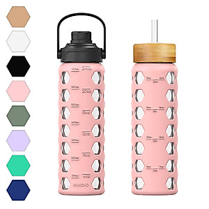 MUKOKO 32oz Glass Water Bottles with 2 Lids-Handle Spout Lid&Bamboo Straw Lid, Motivational Water Tumbler with Time Marker Reminder and Silicone Sleeve, Leakproof-Pink-1 Pack