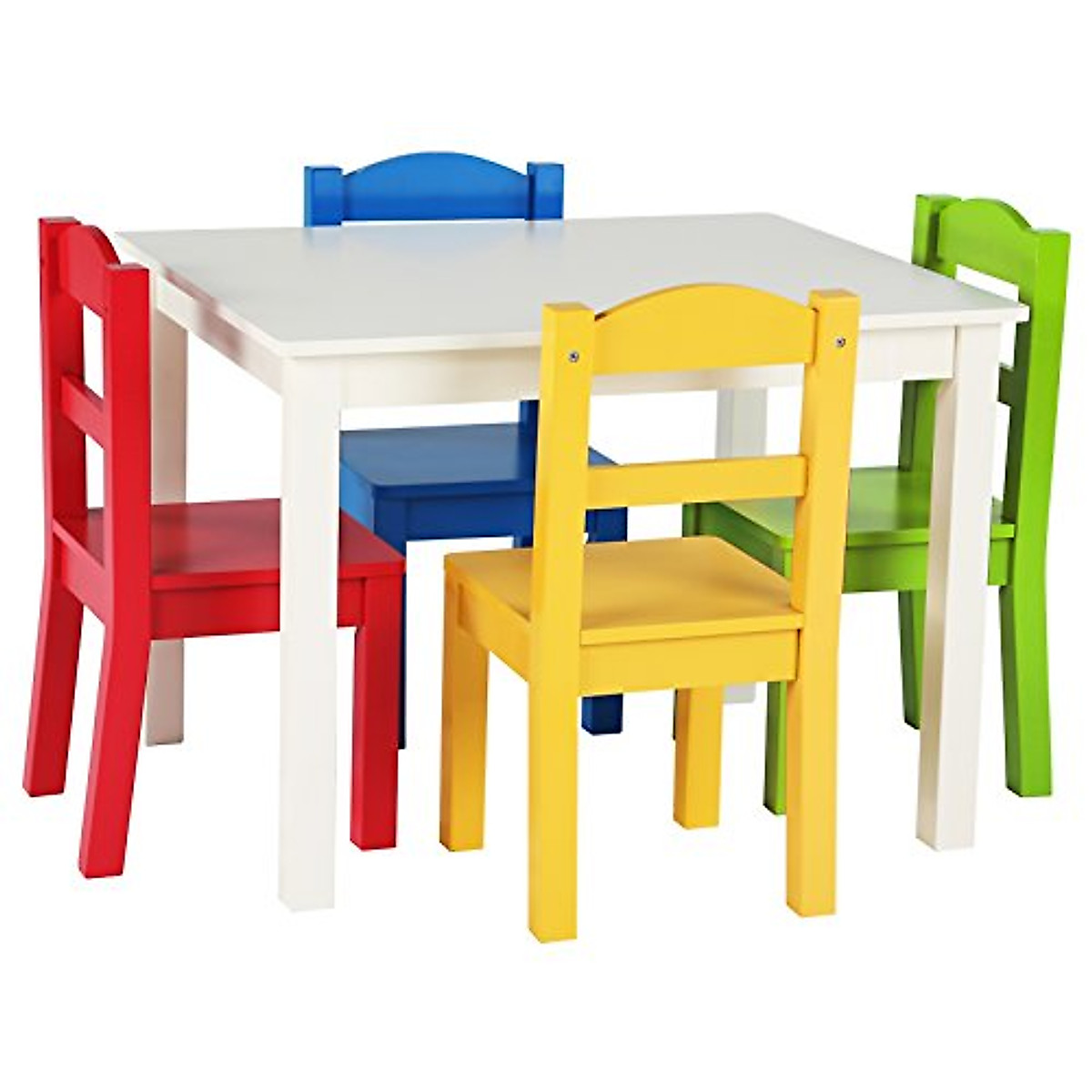 Humble Crew, White/Primary Kids Wood Table and 4 Chairs Set &, White/Primary Kids Book Rack Storage Bookshelf-4 Tiers