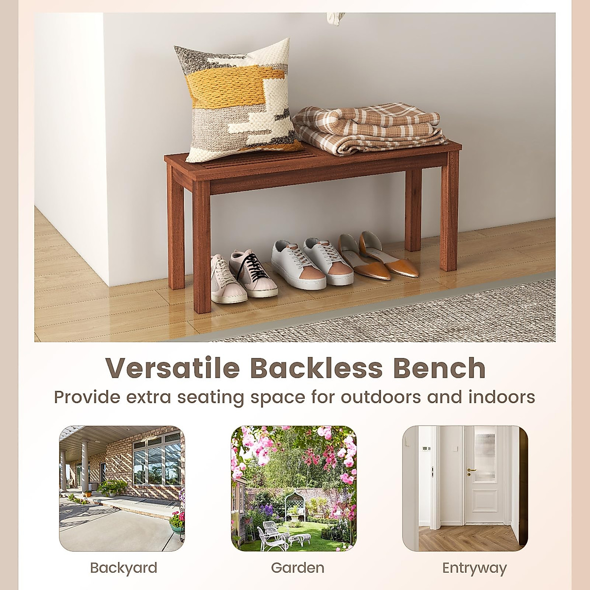 HAPPYGRILL Outdoor Backless Bench, Patio Dining Bench with Breathable Slatted Seat, 2-Seater Rustic Wood Bench for Entryway, Garden, Backyard, Deck, Natural