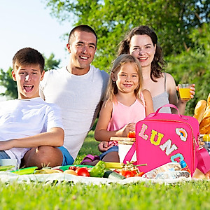 URSKYTOUS Insulated Lunch Bag for Women Girl Kid Teen Preppy Large Thermal Freezable Lunch Box Cute Hot Pink Big Reusable Kawaii Waterproof Lunch Tote Cooler Bag with Chenille Letter for School Office