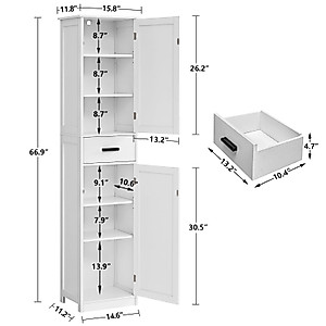 WEENFON Tall Bathroom Cabinet, Storage Cabinet with 6 Shelves & Drawer, Bathroom Storage Cabinet with Ajustable Shelves, Tall Cabinet for Living Room, Home Office, White