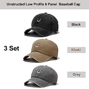 Umeepar 3 Pack Baseball Cap Vintage Distressed Low Profile Unstructured Smile Face Dad Hat Adjustable for Women Men (Black, Grey, Khaki)