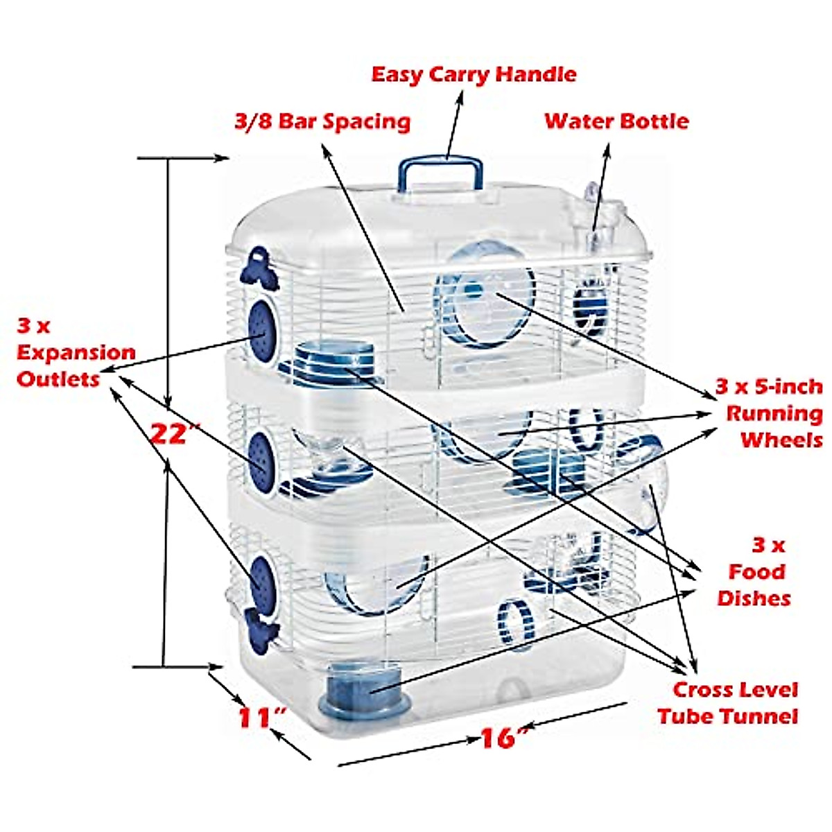 3-Solid Floor Levels Habitat Hamster Home House Rodent Gerbil Mouse Mice Expandable and Customizable Cage