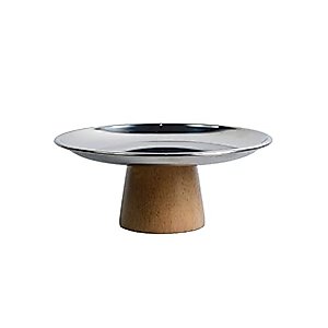SUSOSU Breakfast Tray Stainless Steel Round Storage Tray with Wood Base Desktop Kitchen Serving Plate (Color : Small)