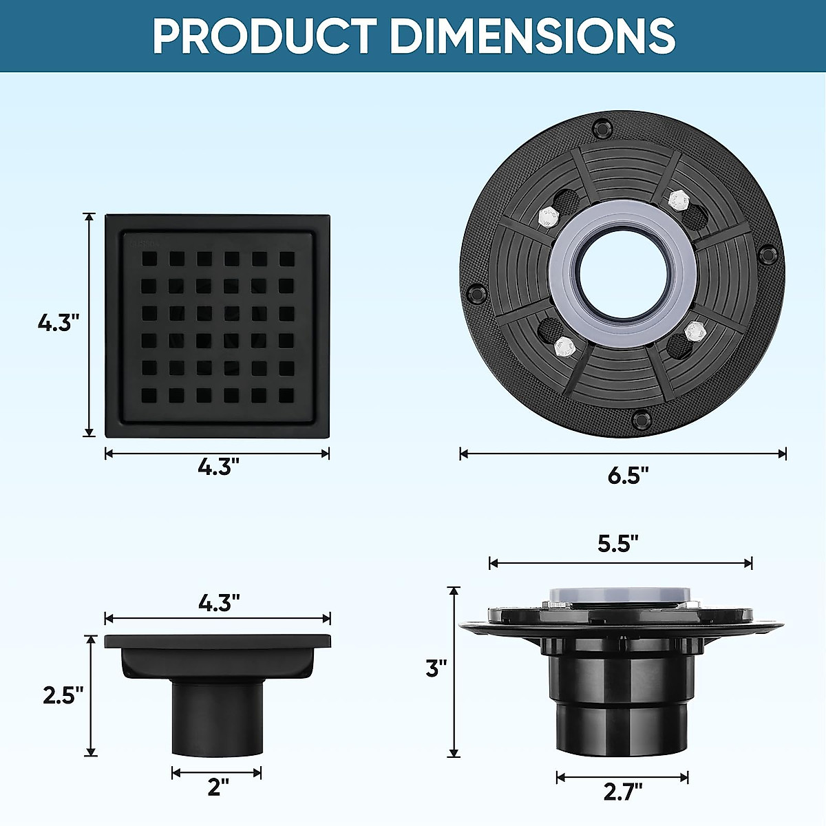 TICONN 4.33'' Square Floor Shower Drain, Lattice Square Perforated Pattern Easy Cleaning Removable Grate, Rustproof SUS 304 Stainless Steel (Matte Black, 4.33'')