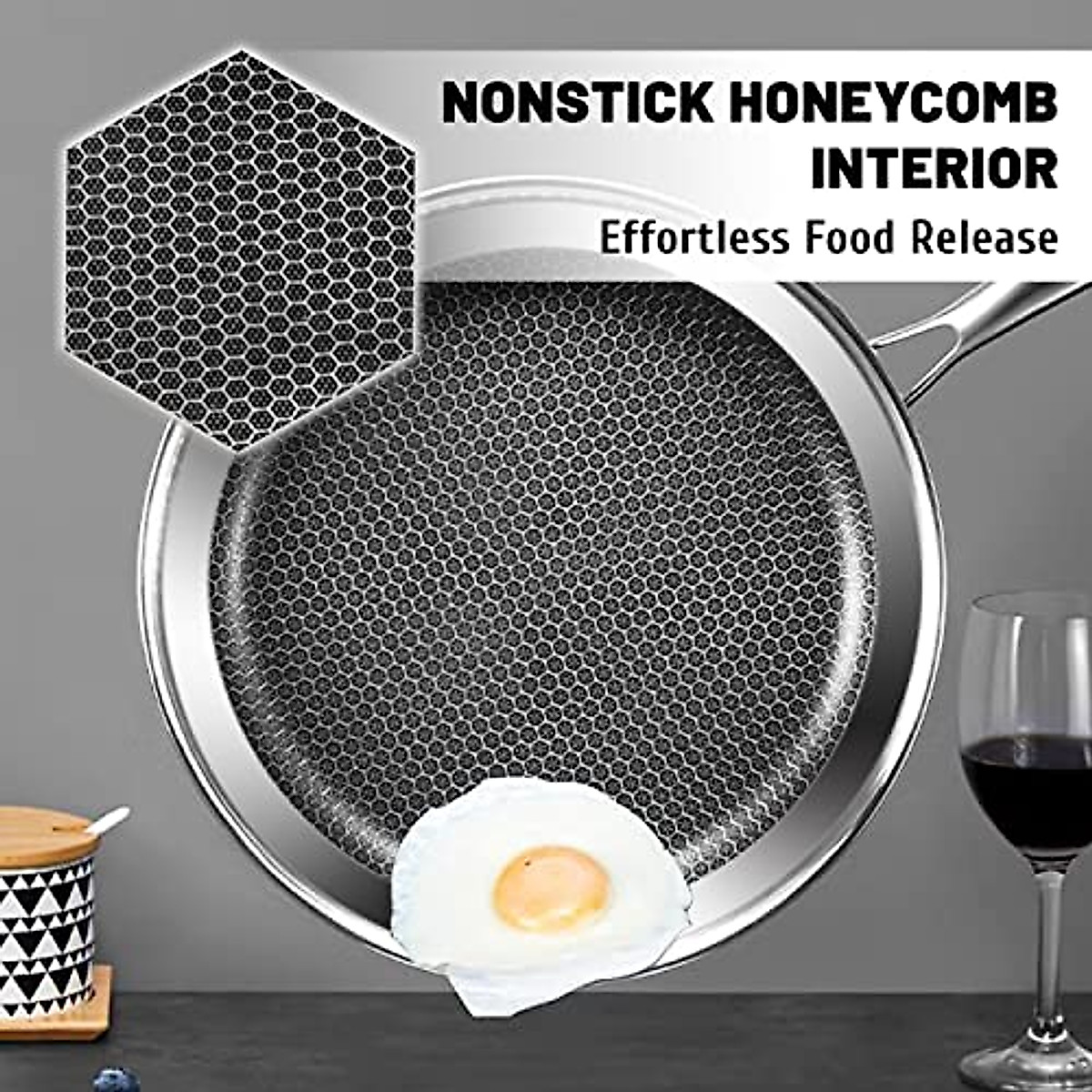 Potinv Hybrid Stainless Steel Frying Pan with Stay Cool Handle 10 Inch,Non-Stick,Dishwasher and Oven Safe,Works with Induction Cooktop,Gas,Ceramic,and Electric Stove