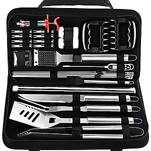 POLIGO 28PC Exclusive BBQ Grill Accessories in Carrying Bag for Birthday Christmas Grilling Gifts - Premium Grill Utensils Set with Barbecue Claws, Meat Injector, Thermometer for Smoker, Camping