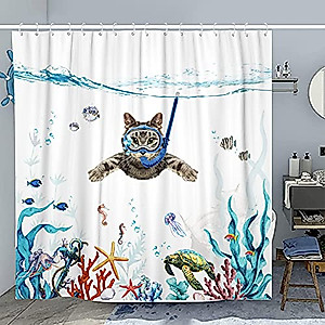 Fowocu Funny Cat Shower Curtain Set Teal Blue Sea Ocean Waterproof Fabric Shower Curtains with Animal Octopus Starfish Turtle Anchor Fish Nautical Bathroom Curtain Decor (Blue, 72''×72'')