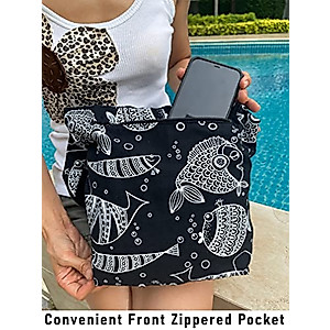 Fish Print Crossbody - Fully Lined with Front Zippered Pocket - Small Hobo Cotton Sling Messenger Bag - Black & White