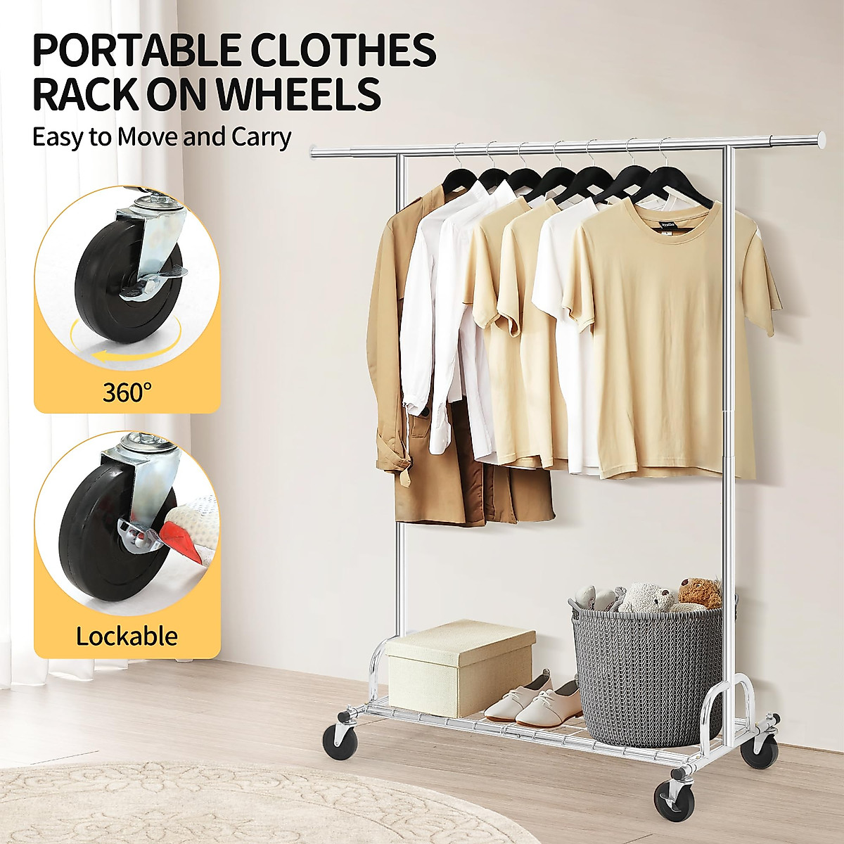 Rengue Clothing Rack Rolling Clothes Racks for Hanging Clothes, Heavy Duty Garment Rack Holds 450LBS, Portable Collapsible Clothes Racks with Wheels for Closet Bedroom Laundry Room