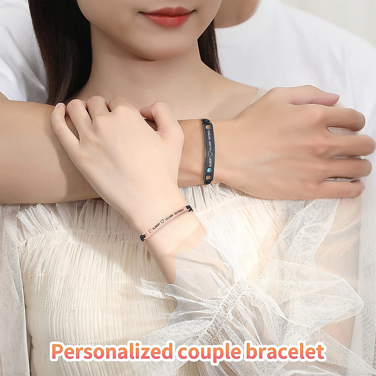 JUBOPE Personalized Handmade Braided Couples Bracelet - Custom Engraving Name ID Long Distance Relationship Bracelet Adjustable Rope Couples Bracelet Gift for Men Women Lover