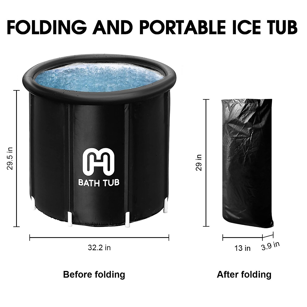 Ice Bath Tub for Recovery, Portable Cold Water Therapy Training Tub, Ice Bath for Adults, Folding Cold Plunge Tub for Athletes, Freestanding Spa Soaking Bath(Black 32.2x32.2x29.5 inches)