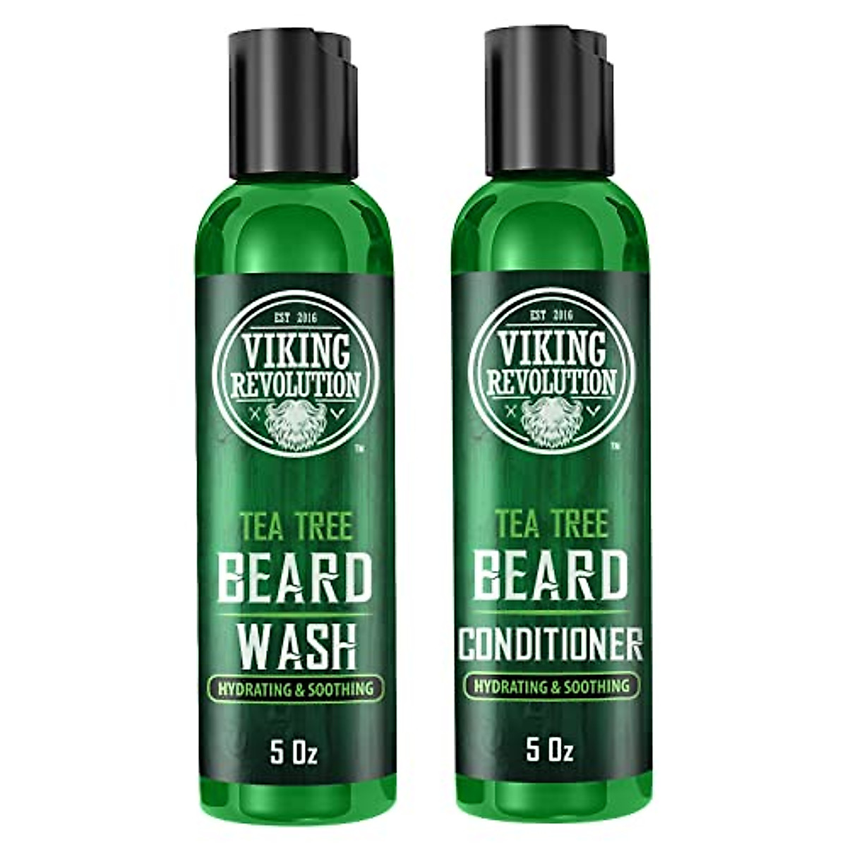Viking Revolution Tea Tree Oil Beard Wash and Beard Conditioner For Men - Natural Beard Softener Set with Argan Oil, Vitamin E and Ginseng - Tea Tree Beard Shampoo and Conditioner Set (5 Oz)