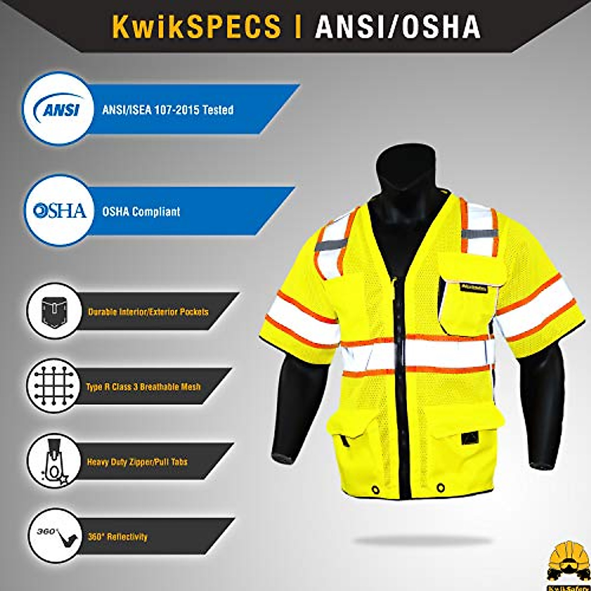 KwikSafety - Charlotte, NC - EXECUTIVE Safety Vest [10 POCKETS] Class 3 ANSI OSHA High Visibility Reflective Heavy Duty Mesh iPad Pocket HiVis Men Construction Work Gear/Yellow Large