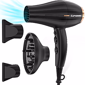 SUPHOMING Hair Dryer, Professional Negative Ions 2200W Blow Dryer, Lightweight Portable Travel Ceramic Hairdryer with Diffuser & Volume Styling Nozzles