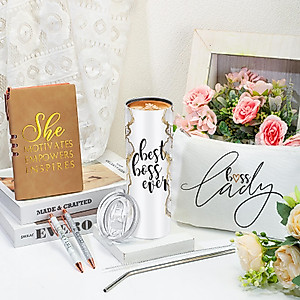 Domensi Best Boss Gift Set Thank You Gift for Women Lady Appreciation Day Gift 20oz Rustic Marble Sign Tumbler Makeup Bag A6 Notepad with Ballpoints Boss Day Gift Office Leader Christmas Gift(White)