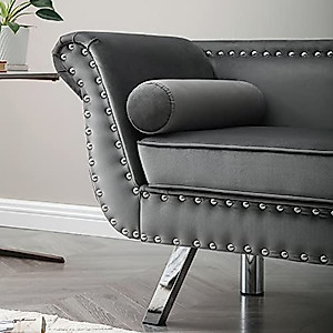 Mid Century Modern Loveseat Sofa, Upholstered Chesterfield Sofa With 2 Bolster Pillows, Velvet Love Seat With Nailhead Trim, 61" Small Couches Loveseat Settee Roll Arm For Living Room, Dorm(Grey）