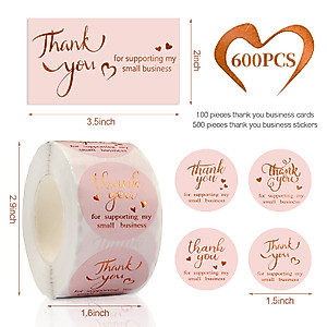 600PCS Thank You Cards and Stickers, Gold Foil Pink Thank You Business Greeting Cards 1.5 Inch Thank You for Supporting My Small Business Stickers for Online Retail Shop Package Inserts