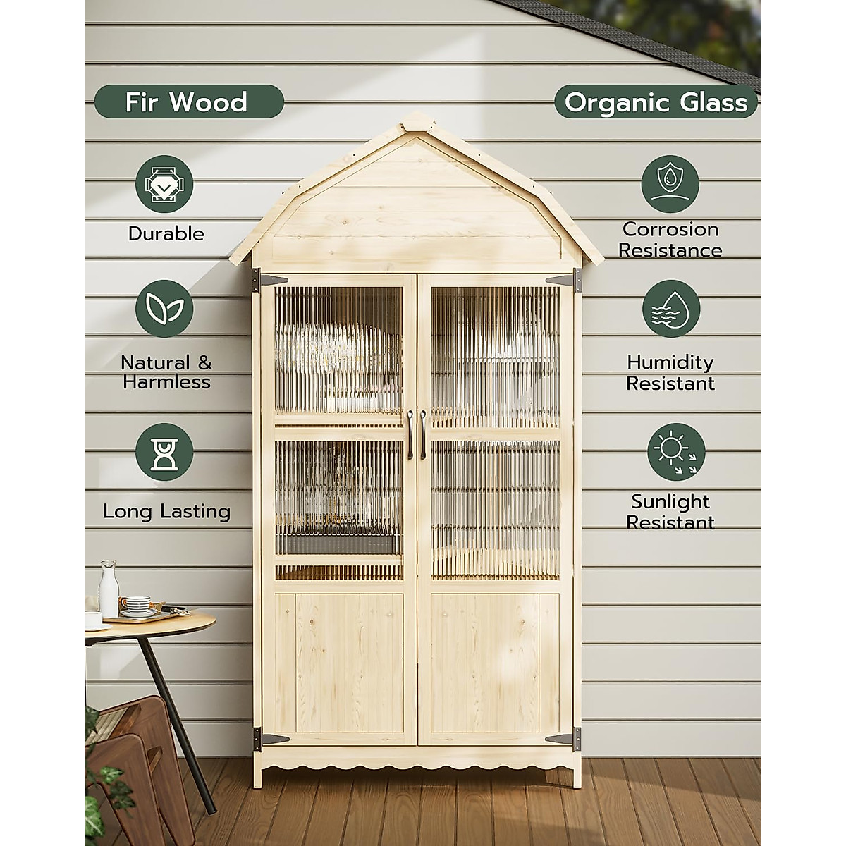Oarlike Wooden Outdoor Storage Cabinet, 71" Weatherproof Garden Shed with Shelves, Waterproof Roof, Tool Storage for Patio/Backyard/Lawn/Pool (Natural Wood)