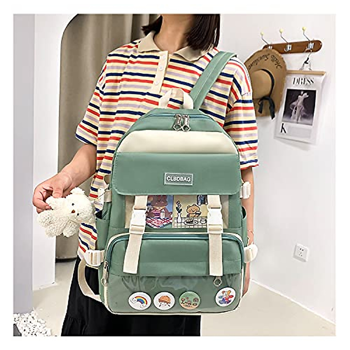 Cute Kawaii Canvas Backpack 4Pcs Set, Backpack, Pencil Pouch, Shoulder Bag, Lunch Bag, for Girls Boys, Give away bear pendant, cards, badges (Green)