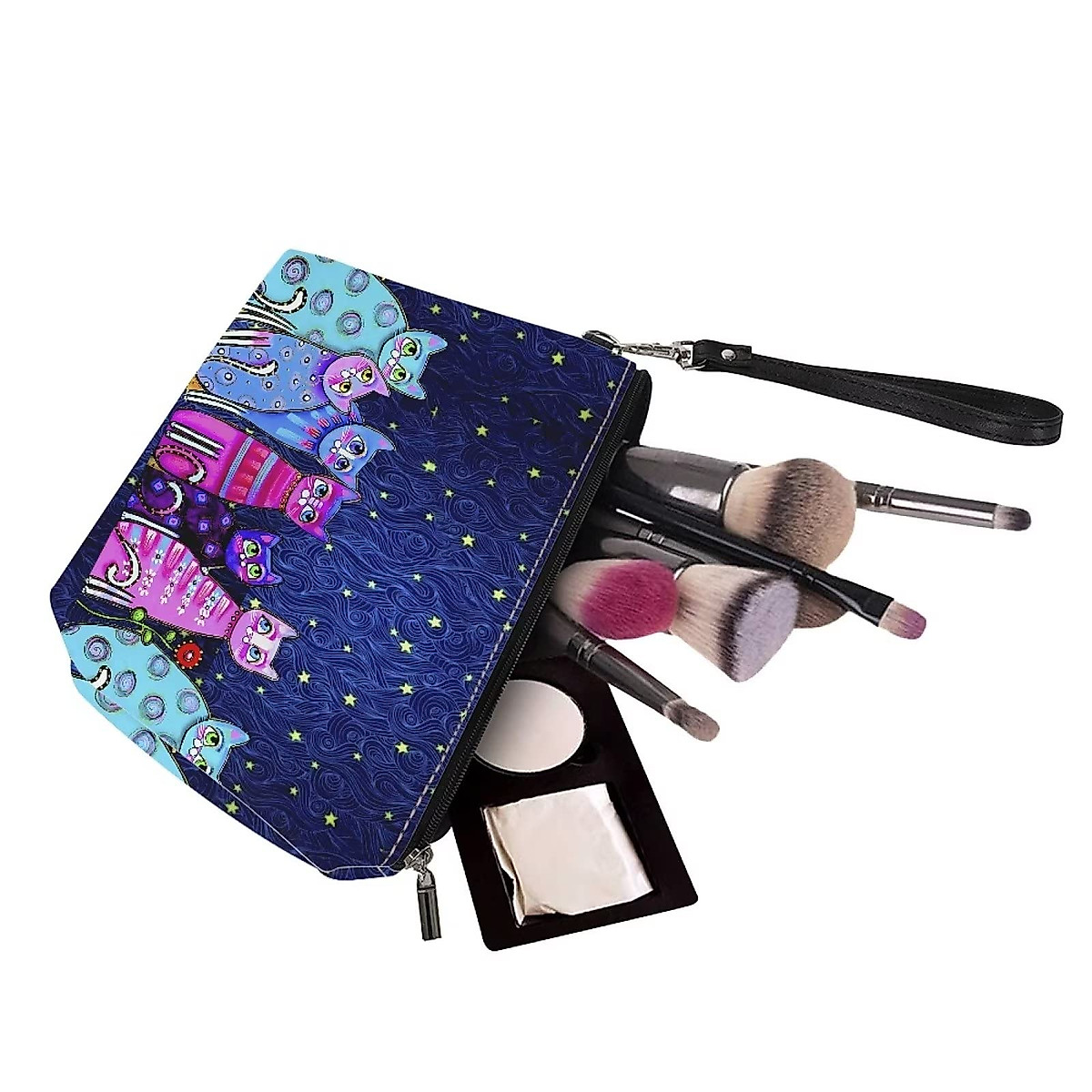 Poceacles Colorful Cats Print Small Makeup Bag for Purse for Women Cute Cosmetic Bag Large Capacity PU Leather Makeup Bags Travel Toiletry Bag Organizer Pouch with Wrist Strap