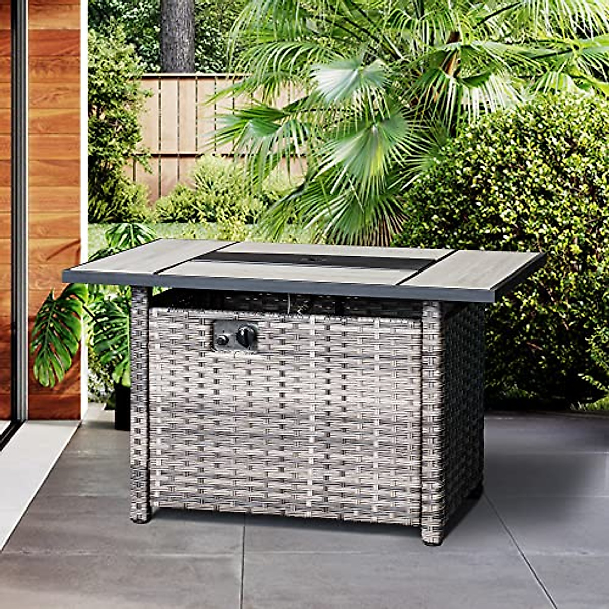 OVIOS Fire Pits 42 Inch Outdoor Gas Fire Pit Table, 50,000 BTU Steel Fire Pit with Lid and Volcanic Rock Wicker Rattan Patio Coffee Table for Backyard Deck Balcony (Grey-Large Rectangle)