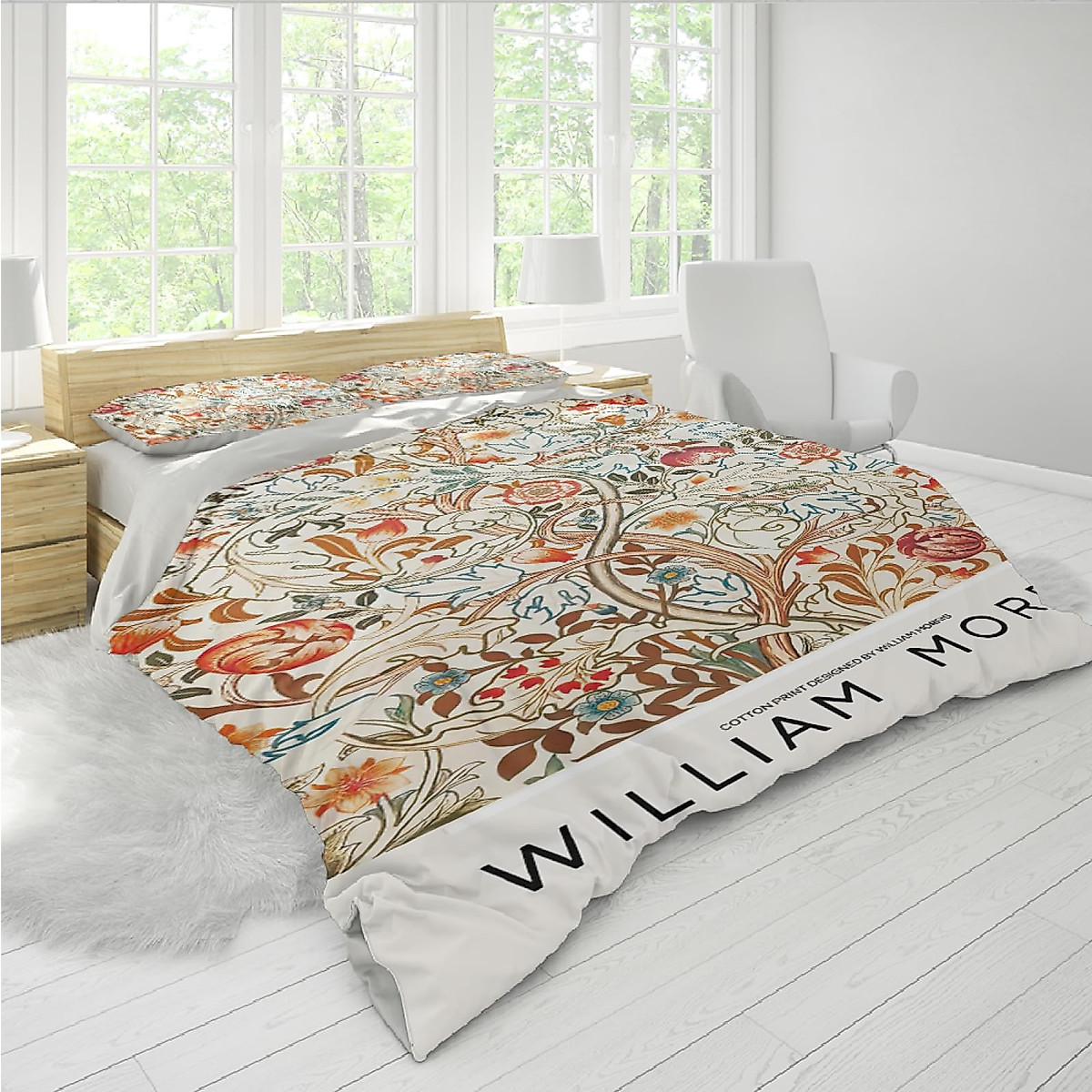 FEIPUHOME Art William Morris Rustic Floral Duvet Cover Set Vintage Garden Plants Herbs Flowers Botanical Classic Design 3 Piece Bedding Set Queen