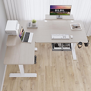 bilbil L Shaped Electric Standing Desk with Drawer, 62x47 Inches Adjustable Height Sit Stand Up Desk with Storage Shelf, Pale Pearwood Top/White Frame