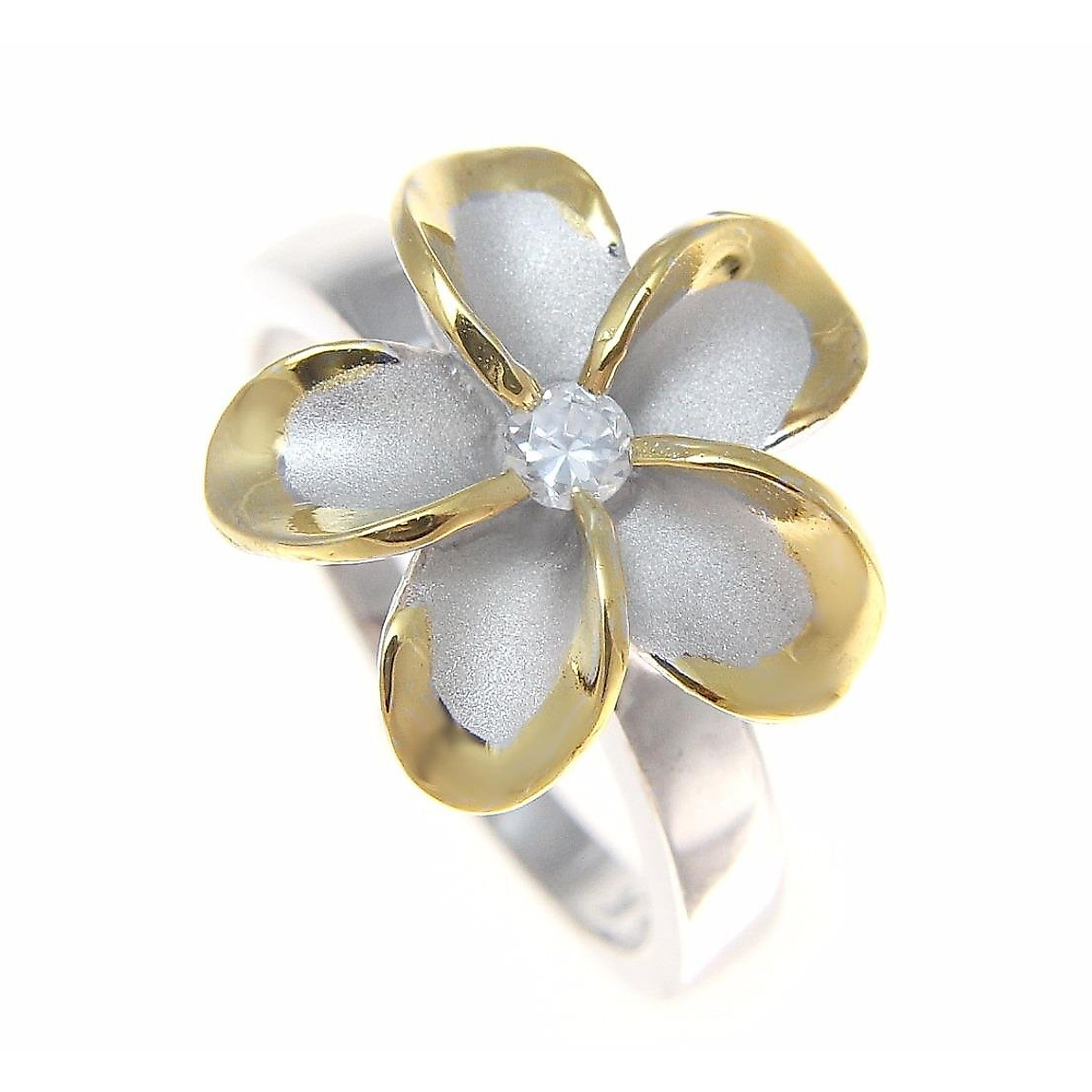 Arthur's Jewelry Sterling silver 925 Hawaiian plumeria flower cz ring 15mm rhodium and yellow gold plated 2 tone size 8.5