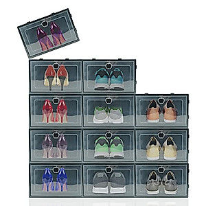 ikaufen 12 Pack Shoe Organizer Boxes, Shoe Boxes Black Plastic Stackable,Shoe Storage Bins for Closet,Space Saving Shoe Containers For Sneaker Display, Fit up to US Size 12(13”x 9.1”x 5.5”)