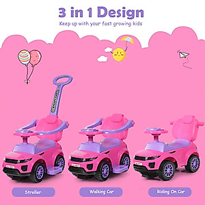 Costzon 3 in 1 Ride on Push Car, Stroller Sliding Walking Car with Horn, Music, Light, Under Seat Storage, Parental Handle, Armrest Guardrails, Ride on Toy for Boys & Girls (Pink)