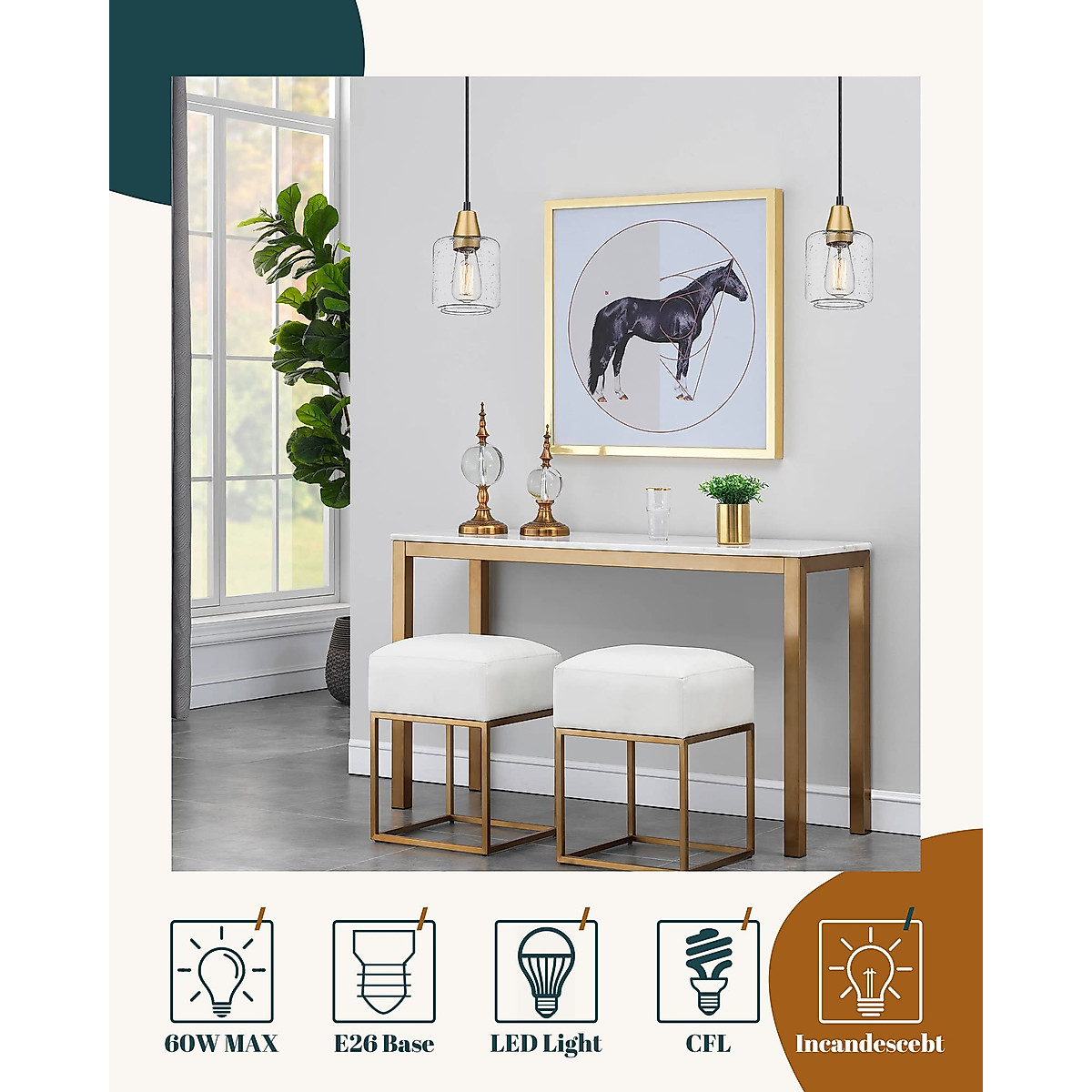 FOITTON Gold Pendant Light, Industrial Hanging Light Fixtures with Seeded Glass Shade, Adjustable Height, Farmhouse Pendant Lighting for Kitchen Island Dining Room-2 Pack