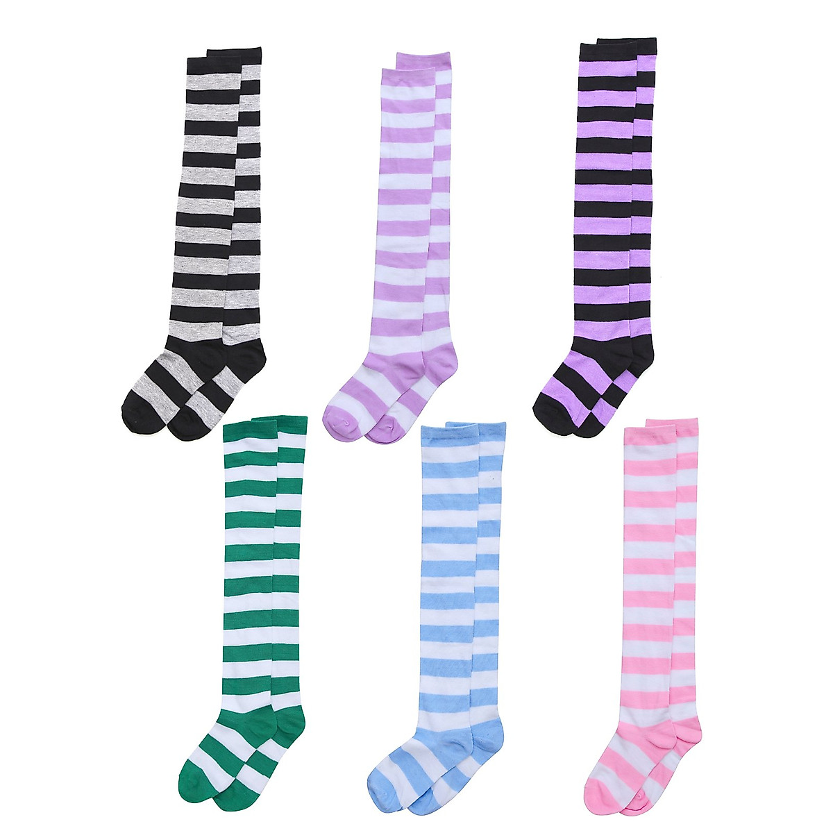 Women's Extra Long Opaque Striped Over Knee High Stockings Socks, 6 Pairs K, One Size