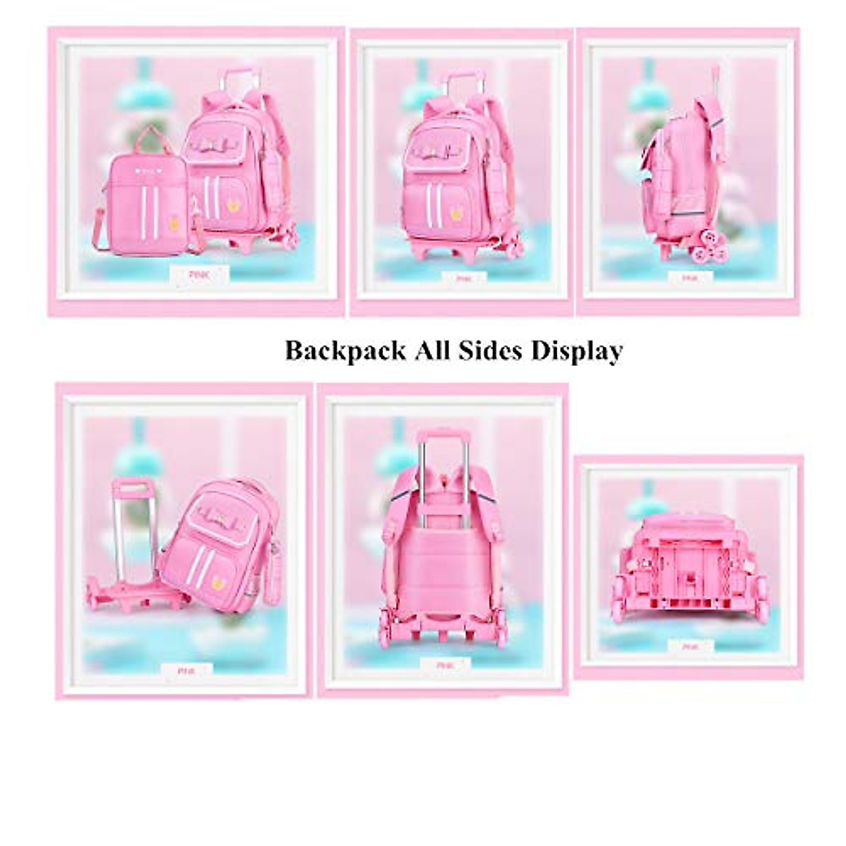 Bowknot Kids Girls Rolling Backpack Cute Carry-on Luggage with Wheels Trolly BookBag for School-2 Wheels